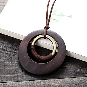 Womens Pendant Necklace Wood Handmade Jewelry Long Rope Sweater Necklace for Woman
