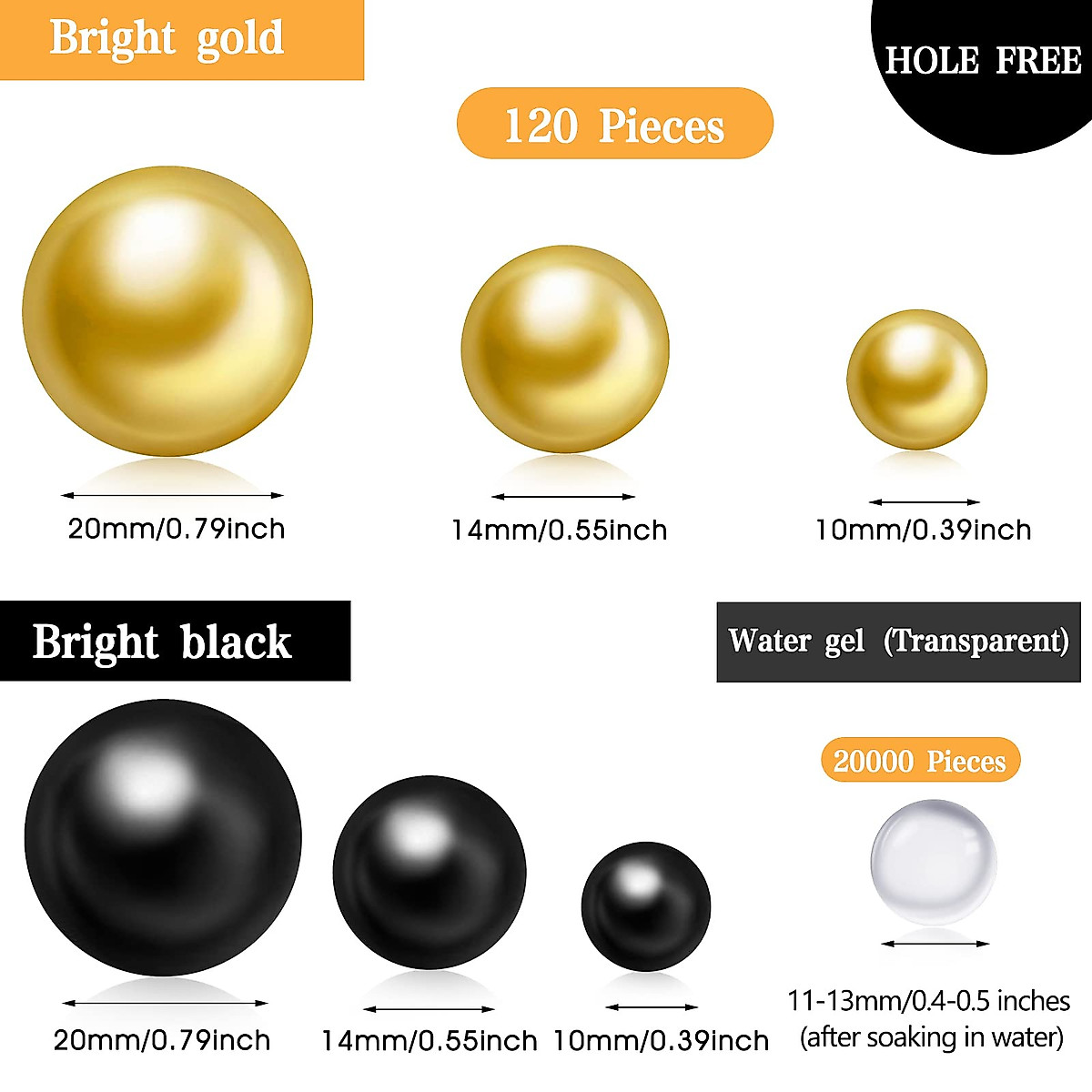 Lounsweer 20000 Pieces Transparent Water Gels and 120 Pieces Simulated Pearl Beads for Vase Fillers and 6 Pcs Floating Candles 6 Pcs Waterproof Light for Graduation Home Wedding Decor (Black, Gold)