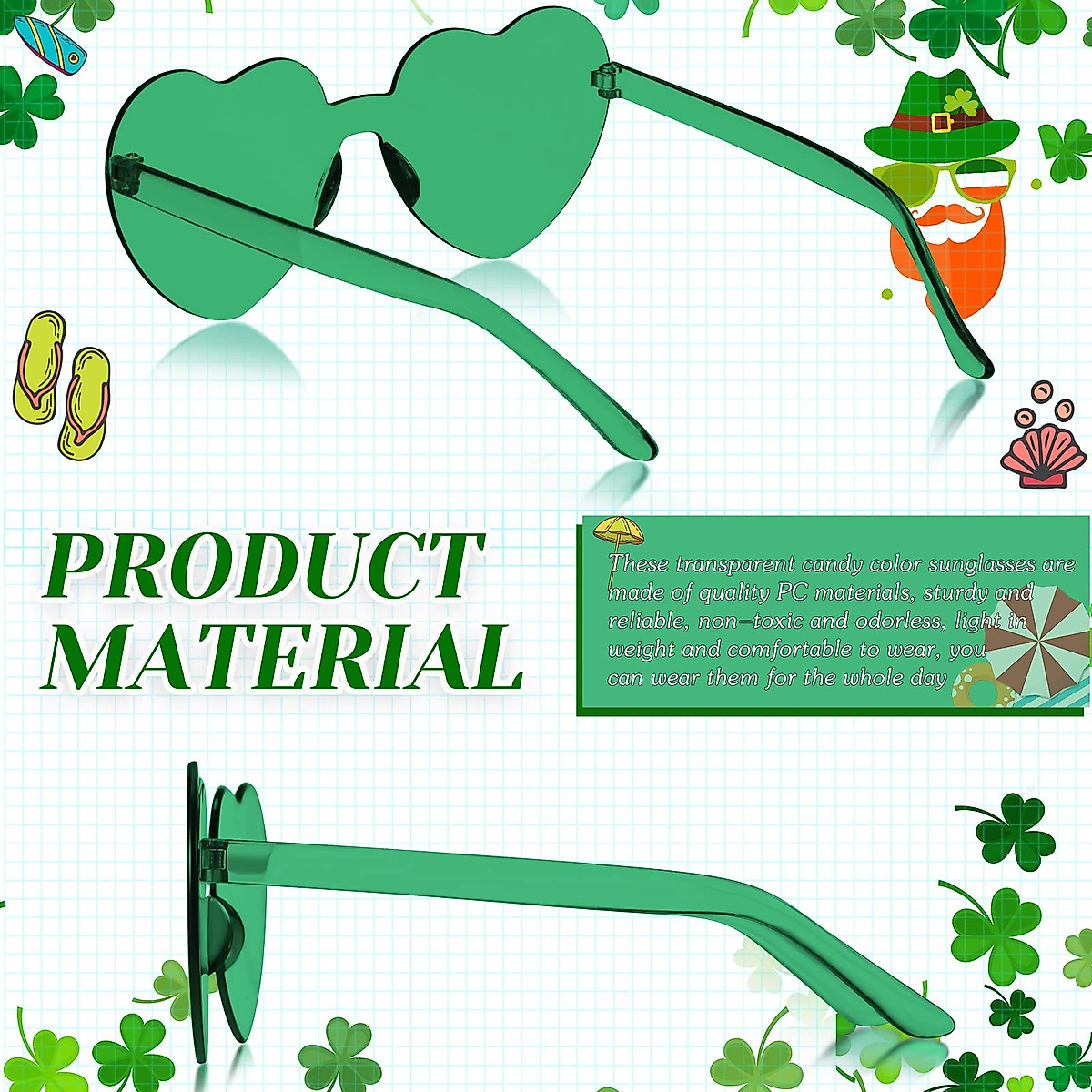 TOODOO 10 Pairs Heart Shaped Sunglasses Rainbow Sunglasses Candy Color Rimless Glasses for Women Girl Party Favor(Green)