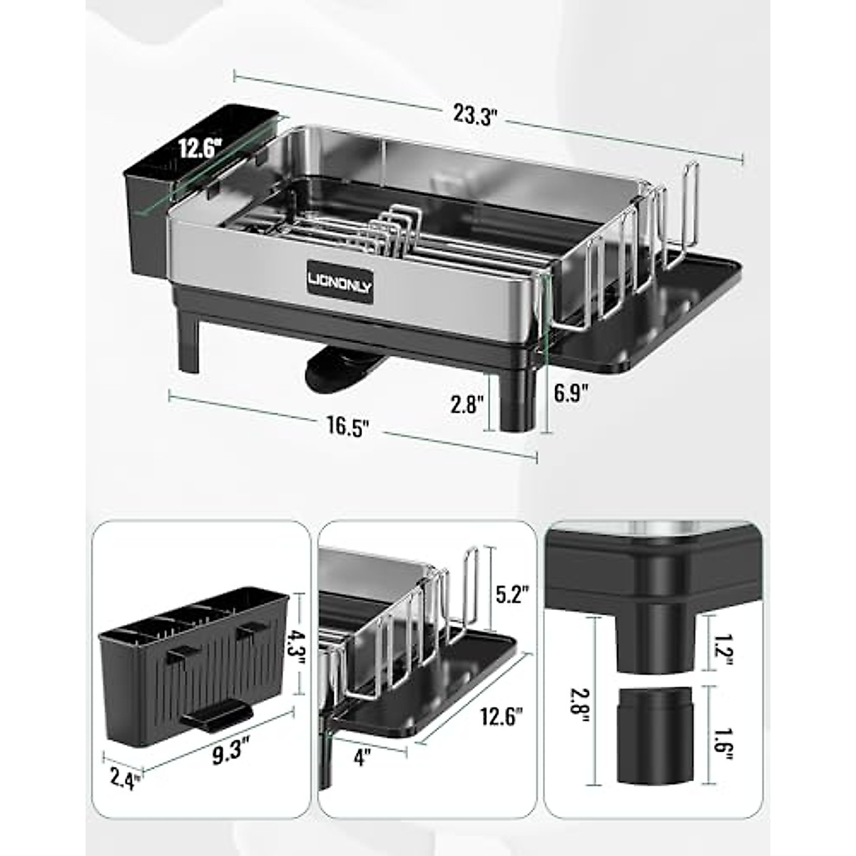LIONONLY Dish Drying Rack, Thicker Premium 304 Stainless Steel Dish Racks for Kitchen Counter, Drainer & Drainboard Set with Adjustable Spout, Utensil Holder and Cup Holder, Black