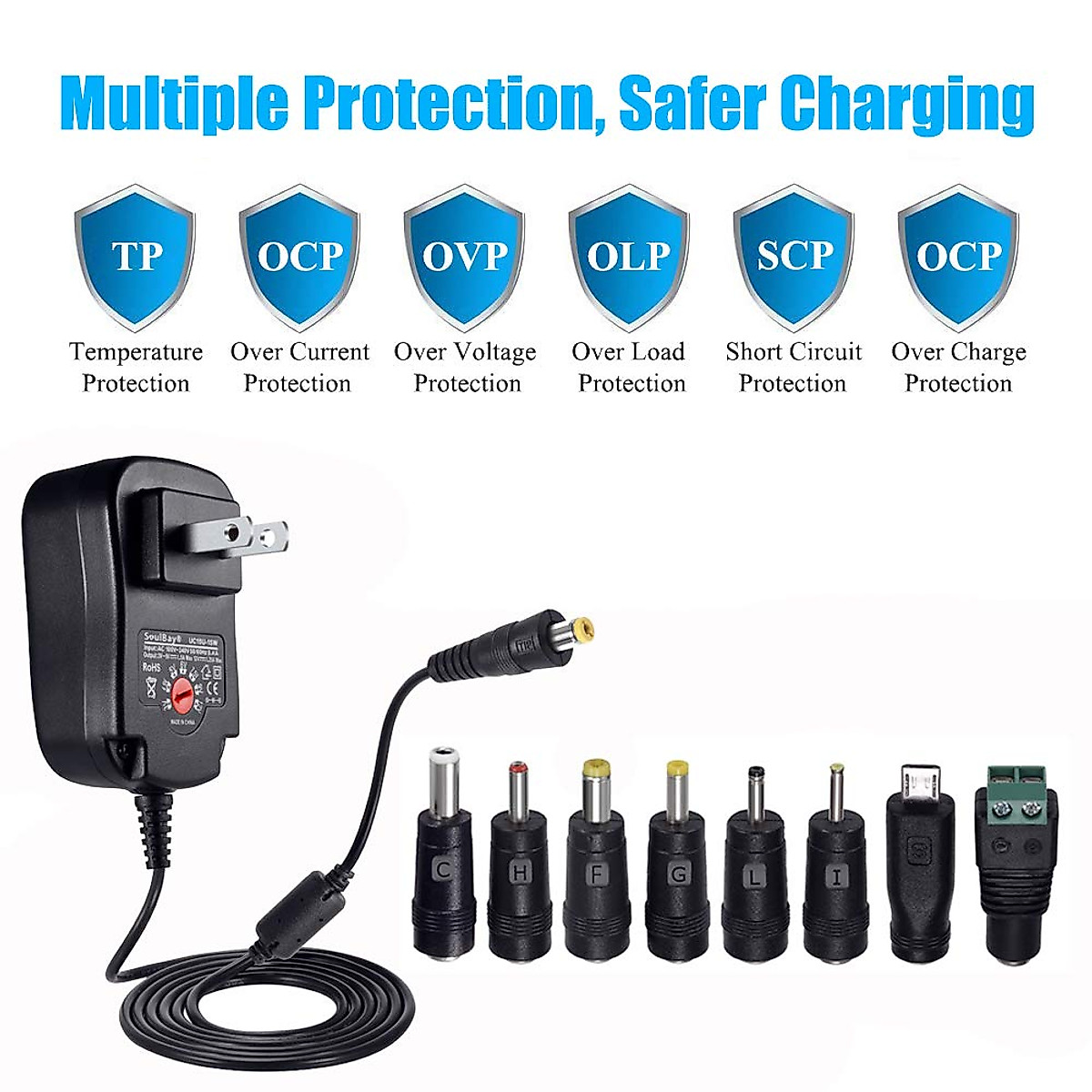 SoulBay 15W AC Adapter Universal Switching Power Supply DC 3V 4.5V 5V 6V 7.5V 9V 12V Charger with 8 Interchangeable Tips for Household Electronics, Adjutable Voltage, 1250mA Max