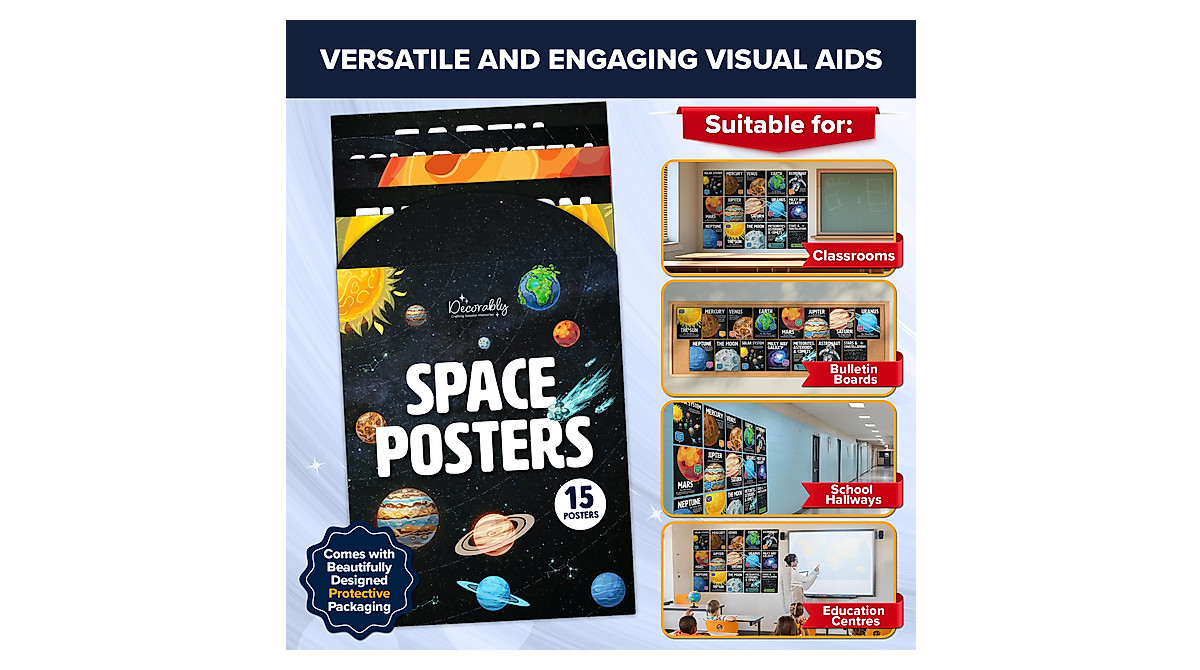 Decorably 15 Space Theme Classroom Decor - Solar System Posters