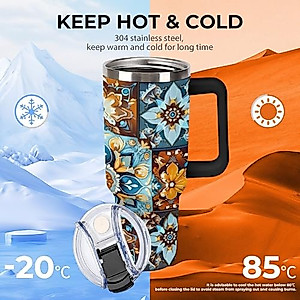 40 Oz Traditional Mexican Pattern Insulated Stainless Steel Tumbler with Handle & Straw Lid, Reusable Travel Cupholder Friendly Mug for Coffee, Water, Tea