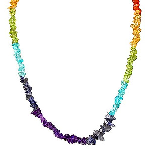 Zenergy Gems CHARGED 7 Chakra Necklace 18" Premium Tumble Polished Crystal Gemstone Chips Necklace (Amethyst, Iolite, Blue Apatite, Peridot, Citrine, Carnelian Agate, & Garnet) + Selenite Heart