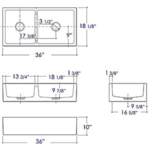 ALFI brand AB3618DB-W Smooth Thick Wall Fireclay Double Bowl Farm Sink, 36", White