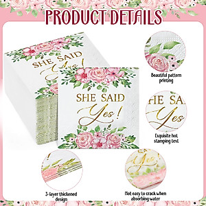 Kosiz 200 Pcs Floral Disposable Engagement Party Napkin 5 x 5 Inch Gold Foil She Said Yes Napkins 3 Ply Bridal Shower Napkins Engagement Party Decorations for Bachelorette Wedding Party Supplies