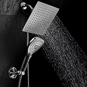Dream Spa Ultra-Luxury 9" Rainfall Shower Head/Handheld Combo. Convenient Push-Button Flow Control Button for easy one-handed operation. Switch flow settings with the same hand! Premium Chrome