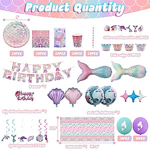 192pcs Mermaid Birthday Party Decorations, Happy Birthday Little Mermaid Theme Party Supplies Including Balloons Banner Tablecloth Plates Cups Napkins Cake Topper Gift Bag for Girls Kids Serve 20