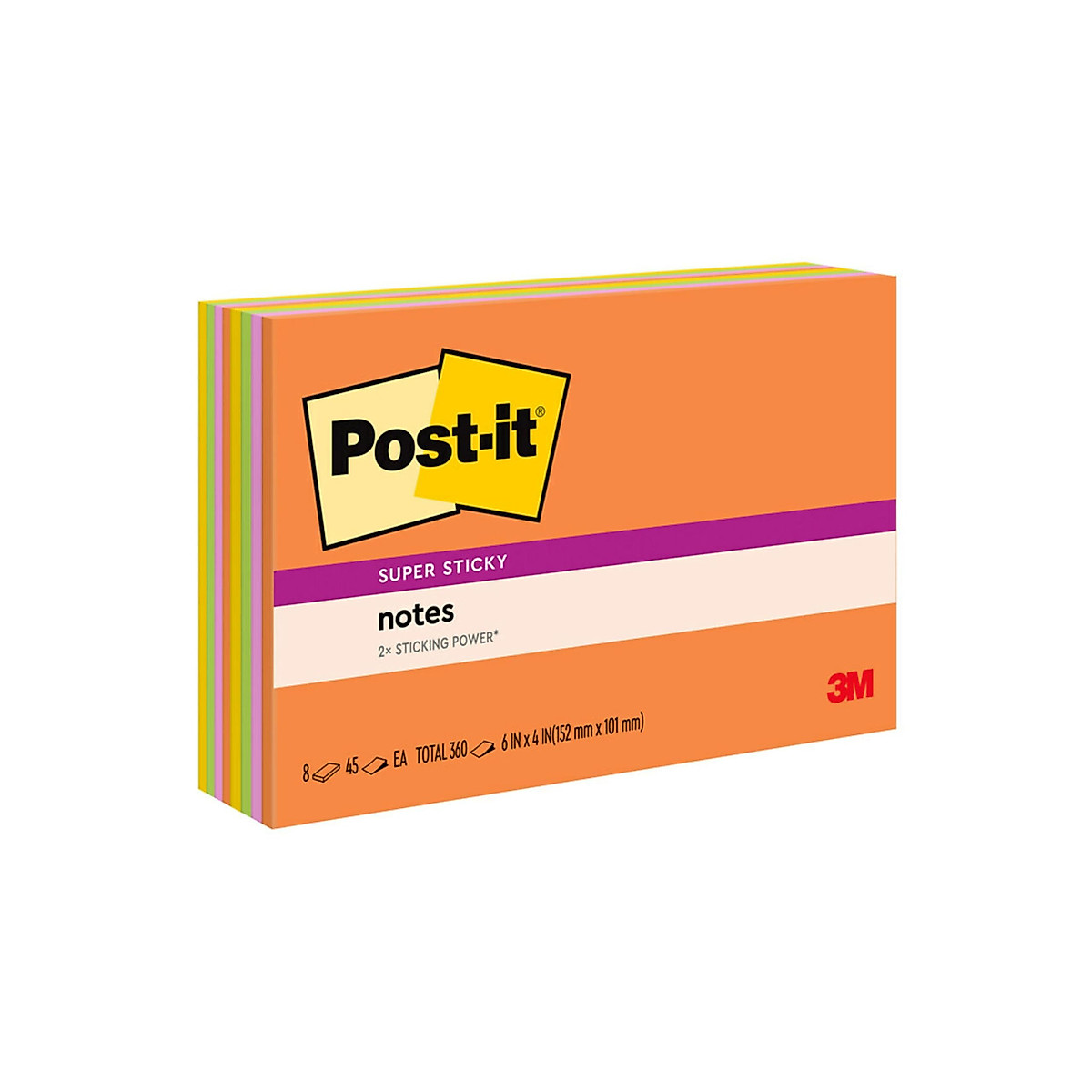 Post-it Super Sticky Notes,6x4 in, 8 Pads, 2x the Sticking Power, Energy Boost Collection, Recyclable (622-8SSMIA) , 1 7/8" x 1 7/8" , Assorted