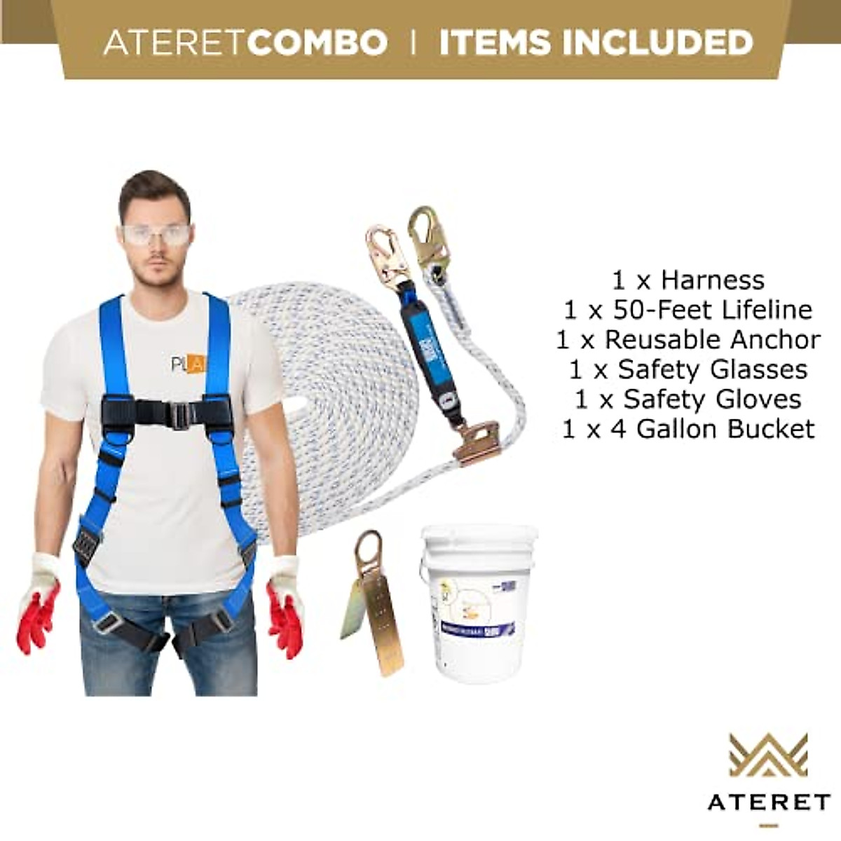 ATERET Bucket of Roof Harness Safety Kit, 50 ft. Vertical Lifeline Assembly, Reusable Anchor, 4 Gallons Bucket, Safety Harness Fall Protection Kit