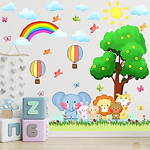 KOKOLAP Tree Animal Wall Stickers,Forest Animal Wall Decal Baby Room Decor,Nursery Wall Decor Rainbow Wall Stickers Peel and Stick,Elephant Bear Wall Sticker Kids Room Bedroom Classroom Playroom Decor