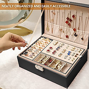 Sanikeon Jewelry Boxes for Women Girls 2 Layers leather Jewelry Organizer Case with Lock Storage Box Removable Tray for Necklace Earring Ring with Polishing Cloth and Jewelry Bags