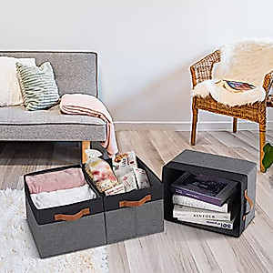 PFFVRP Storage Basket, Fabric Storage Bins with Dual PU Handles, Foldable Storage Baskets for shelves, Storage Boxes for Home, Toys, Clothes,Closet(Black-Grey)