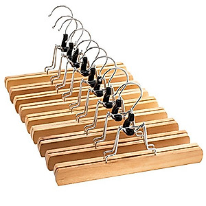 High-Grade Wooden Pants Hangers with Clips 10 Pack Non Slip Skirt Hangers, Smooth Finish Solid Wood Jeans/Slack Hanger with 360° Swivel Hook - Pants Clip Hangers for Skirts, Slacks - Clamp Hangers