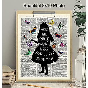 Alice Wonderland Quote Dictionary Wall Art - 8x10 Photo, Home Decor Poster - Unique Room Decorations for Bedroom, Office, Girls, Kids Room - Great Gift - 8x10 Unframed Picture Print