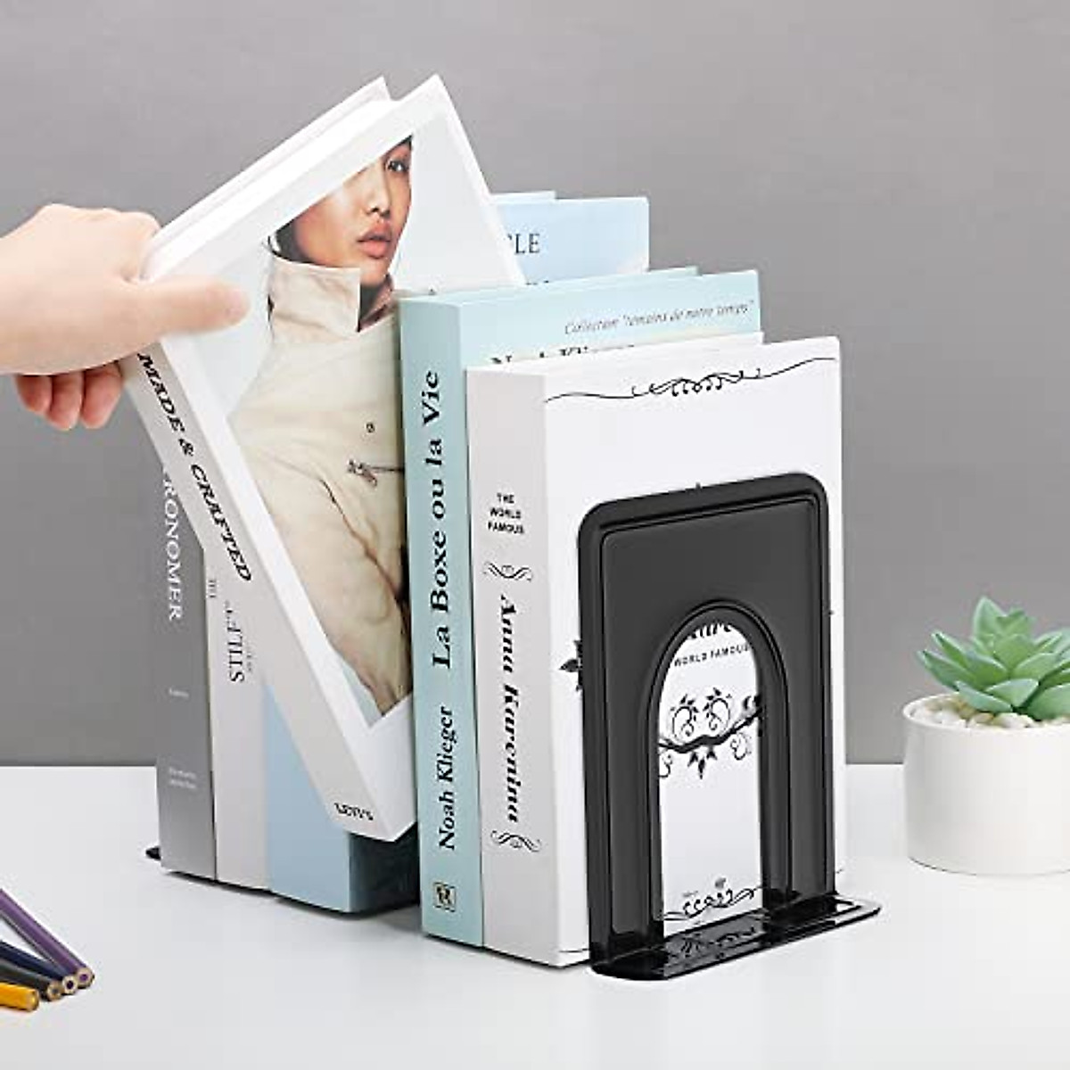 MaxGear Book Ends Heavy Duty Bookends, Universal Book Holder, Bookends for Shelves, Metal Bookend, Non-Skid Book End, Book Stopper for Books/Movies/CDs, 6.5 x 5 x 5.75, Black (3 Pairs/6 Pcs, Large)