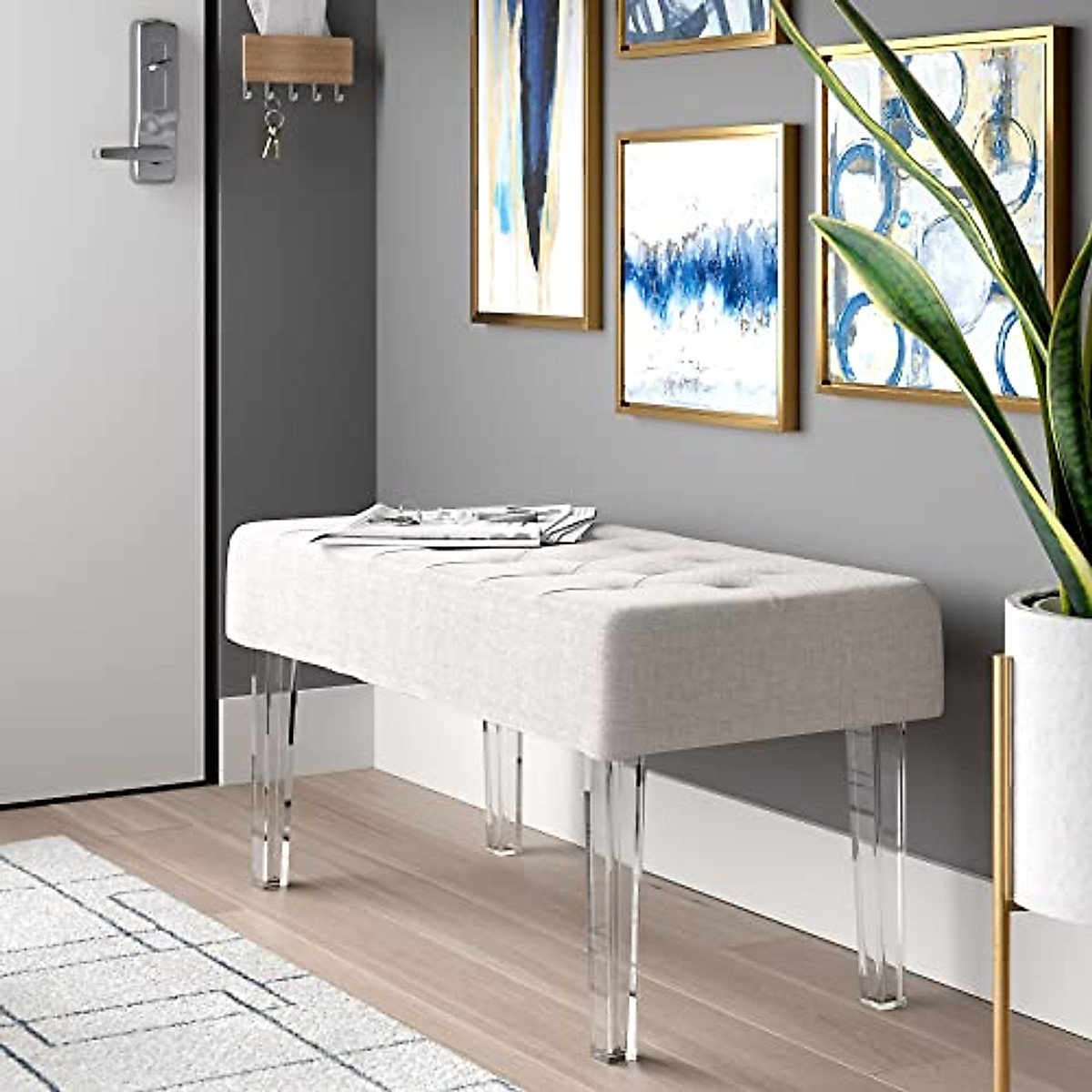 Linon Ella Glitz Acrylic Leg Bench, 35"Wx17"Dx18"H, White