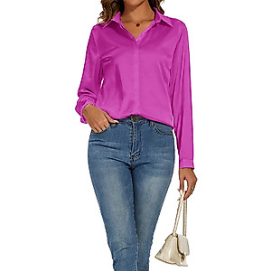Women's Silk Blouse Long Sleeve Lady Shirt Casual Office Work Blouse Button-Down Shirts Tops(Hot Pink,M)