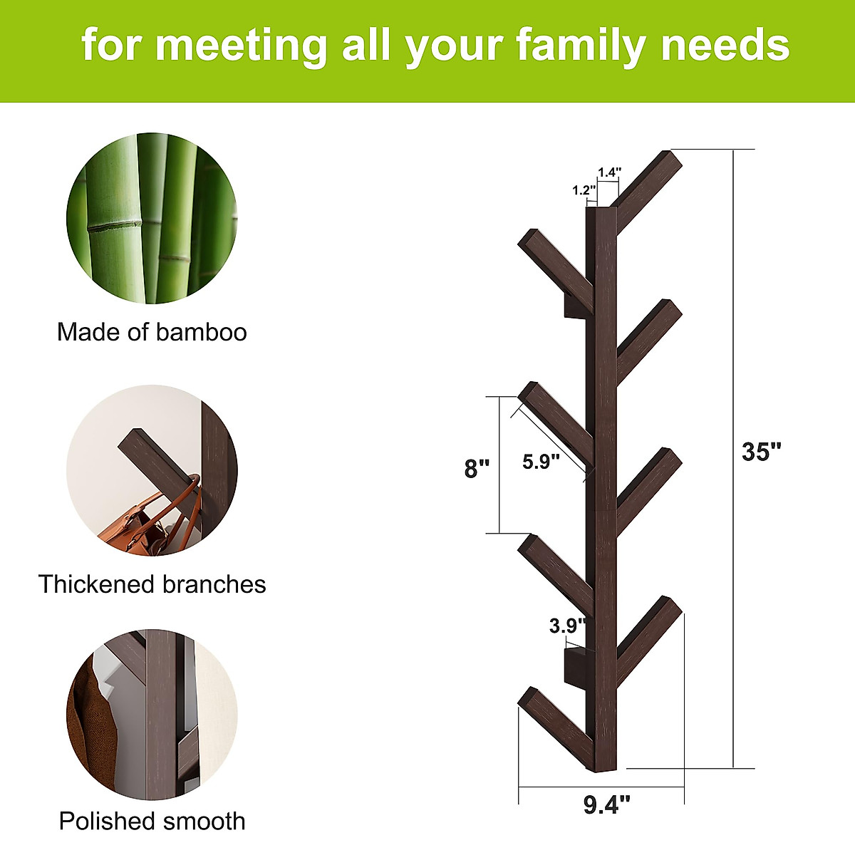 BMOSU Wall Mounted Coat Rack Coat Tree Hat Tree on The Wall with 8 Hooks Coat Rack for Hats Jackets Bags Scarves for Entrance Living Room(Black)(Brown)