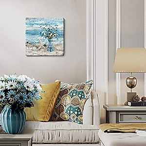 Bathroom Decor Wall Art Blue Beach Picture Ocean Theme Flower Canvas Print Modern Coastal Seascape Painting Framed Seaside Artwork Floral Daisy in Indian Vase for Home Sea Lake Bedroom 14x14inch