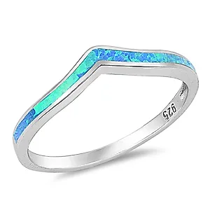 Blue Simulated Opal Chevron Pointed Modern Boho Sterling Silver Ring Size 9