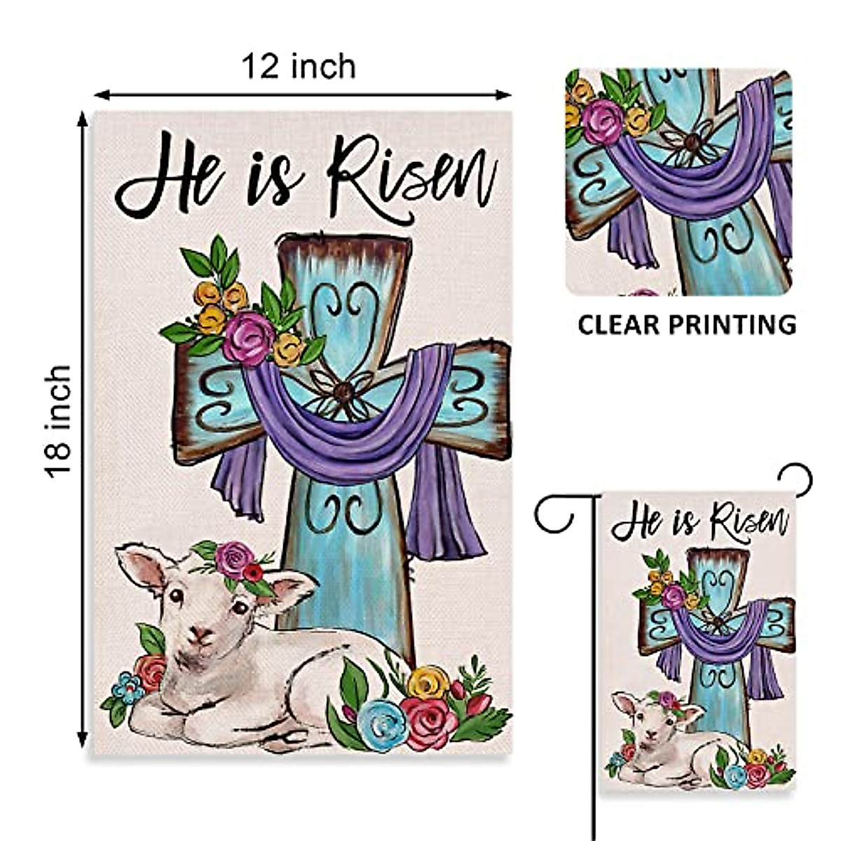 Covido Home Decorative He is Risen Easter Cross Garden Flag, Lamb Yard Outside Decorations, Outdoor Small Decor Double Sided 12x18