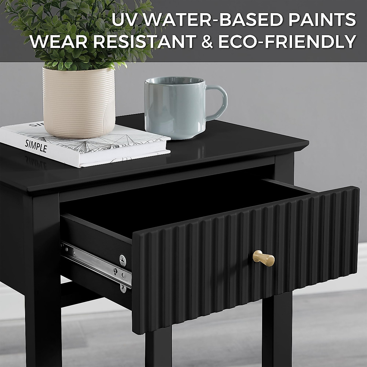 OCANDO Fluted Black Nightstand, 1 Drawer Bedroom 19” Night Stand, Small Bed Side End Table with Storage Shelf for Living Room, Sofa Couch