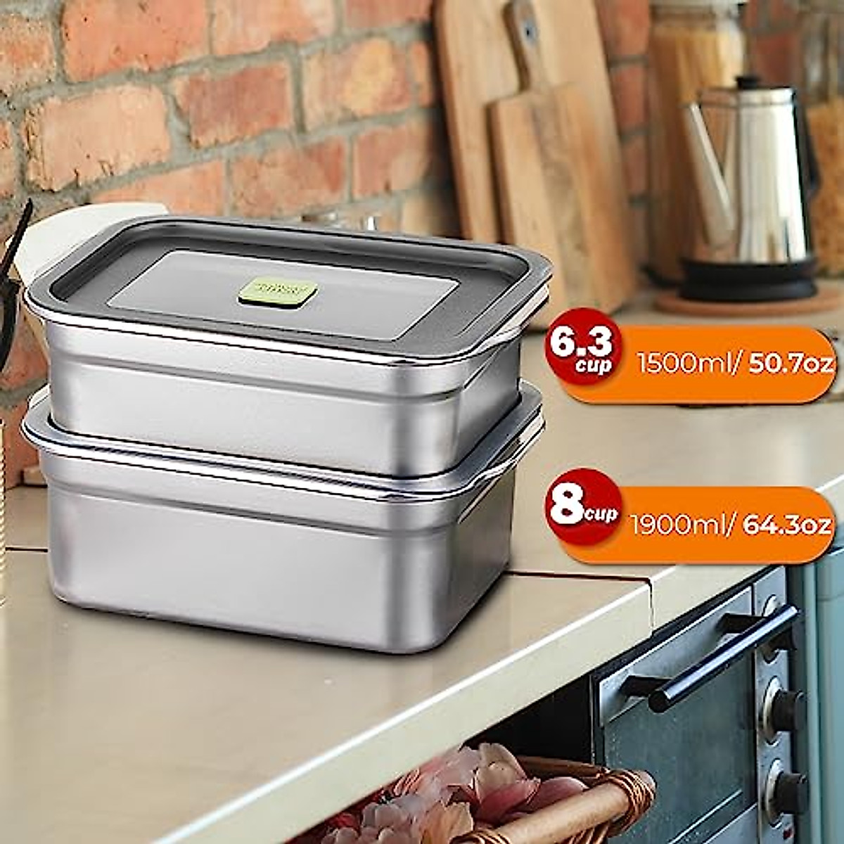 SUBRON 2Pcs Stainless Steel Food Storage Containers with Airtight Lids Set, Stackable Leak Proof Metal Lunch Bento Box Dishwasher & Freezer Safe (51+64oz