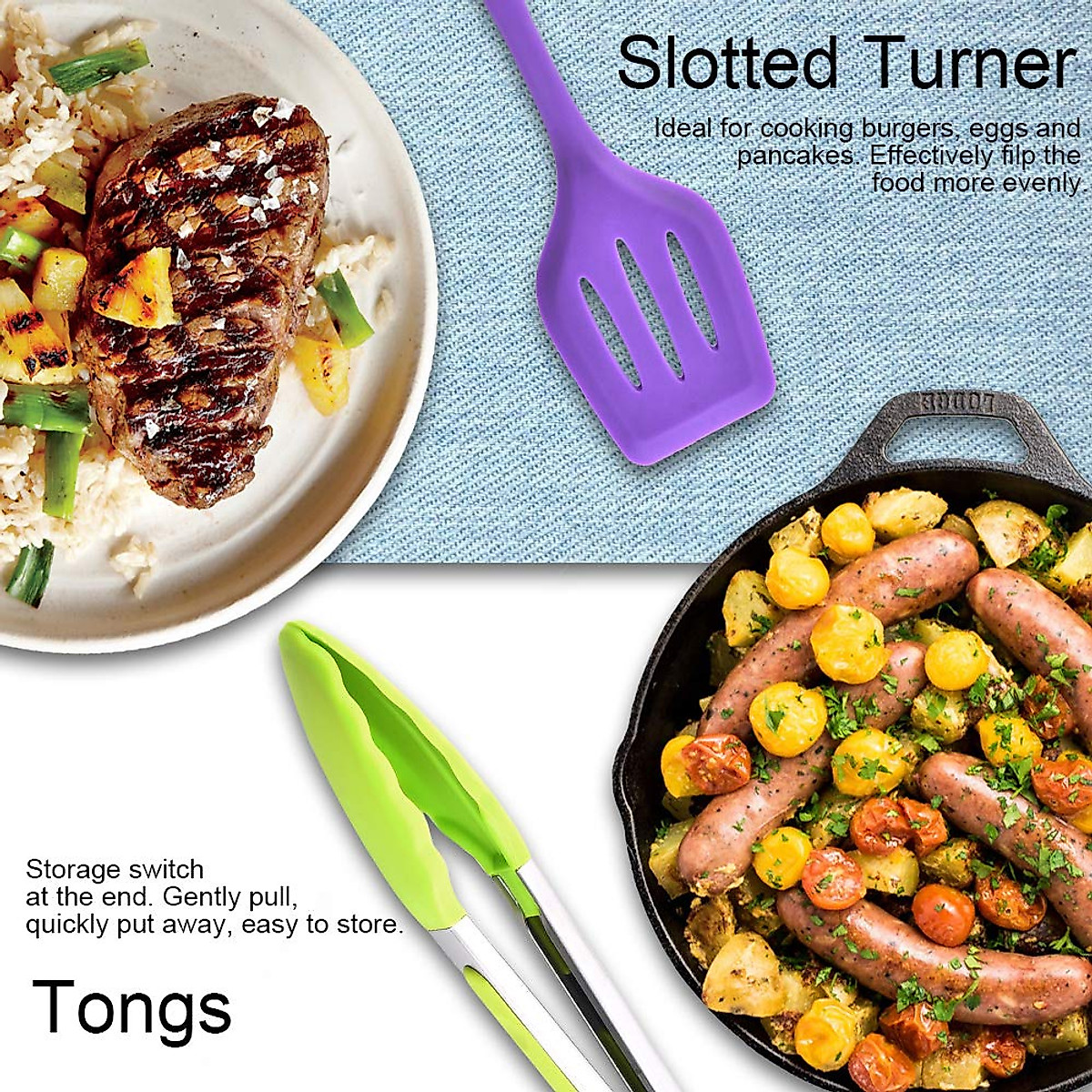 ADBEN Silicone Kitchen Utensil Set 10 Pcs Heat Resistant Non-Stick Spoon Spatula Ladle Cooking Tools Dinnerware