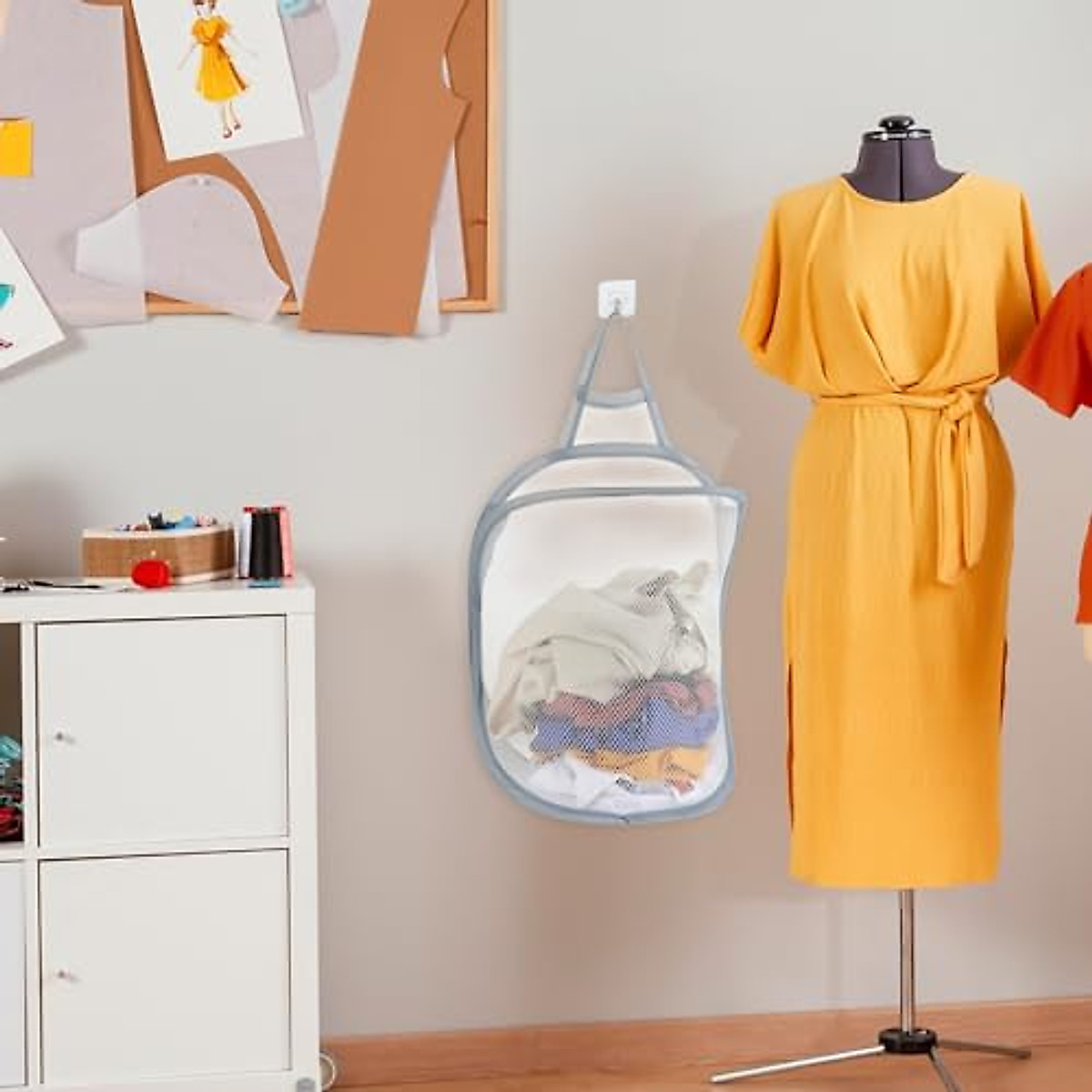 Qianyu Mesh Collapsible Laundry Baskets Pop Up Laundry Hamper Bag Small Wall Foldable Clothe Storage with Self-Adhesive Hook Portable Laundry Bin for Washing Kids Toy Chest University Dormitory Travel