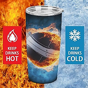 FHENMSA Stainless Steel Insulated Travel Coffee Mug,Ice And Fire Volleyball Print Reusable Car Cup,Thermal Cup for Outdoor with Straw And Lid