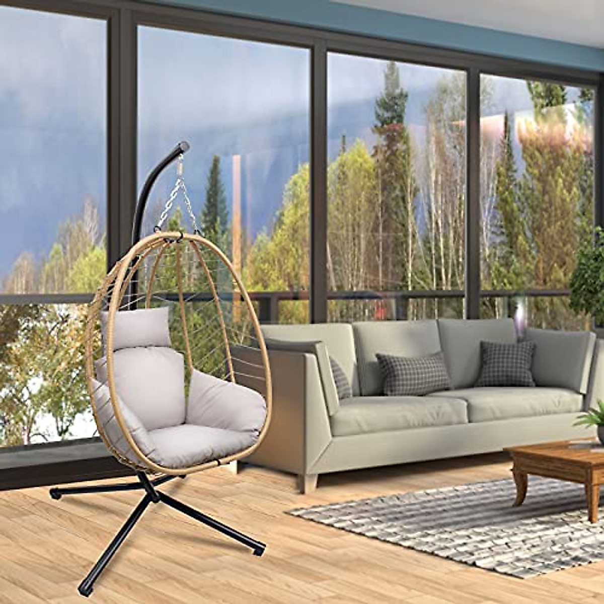 VARVIND Hammock Chair,Swing Egg Chiar with Stand and Cushions, Pillow, Foldable Wicker Rattan Hanging Egg Chair,Adjustable Height ,Anti-UV&Waterproof, Indoor and Outdoor Use,286Lbs(Beige)