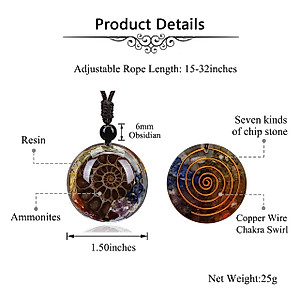 Top Plaza 7 Chakra Natural Healing Crystal Stone Pendant Necklace Adjustable Resin Ammonite Fossil Spiritual Necklace Jewelry for Women Men