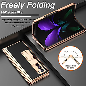 Miimall Compatible for Samsung Galaxy Z Fold 2 Case with S Pen Holder, S Pen+Screen Cover+Kickstand+Leather Pattern Plating All-Inclusive Hinge Protection Case for Galaxy Z Fold 2 (Black)