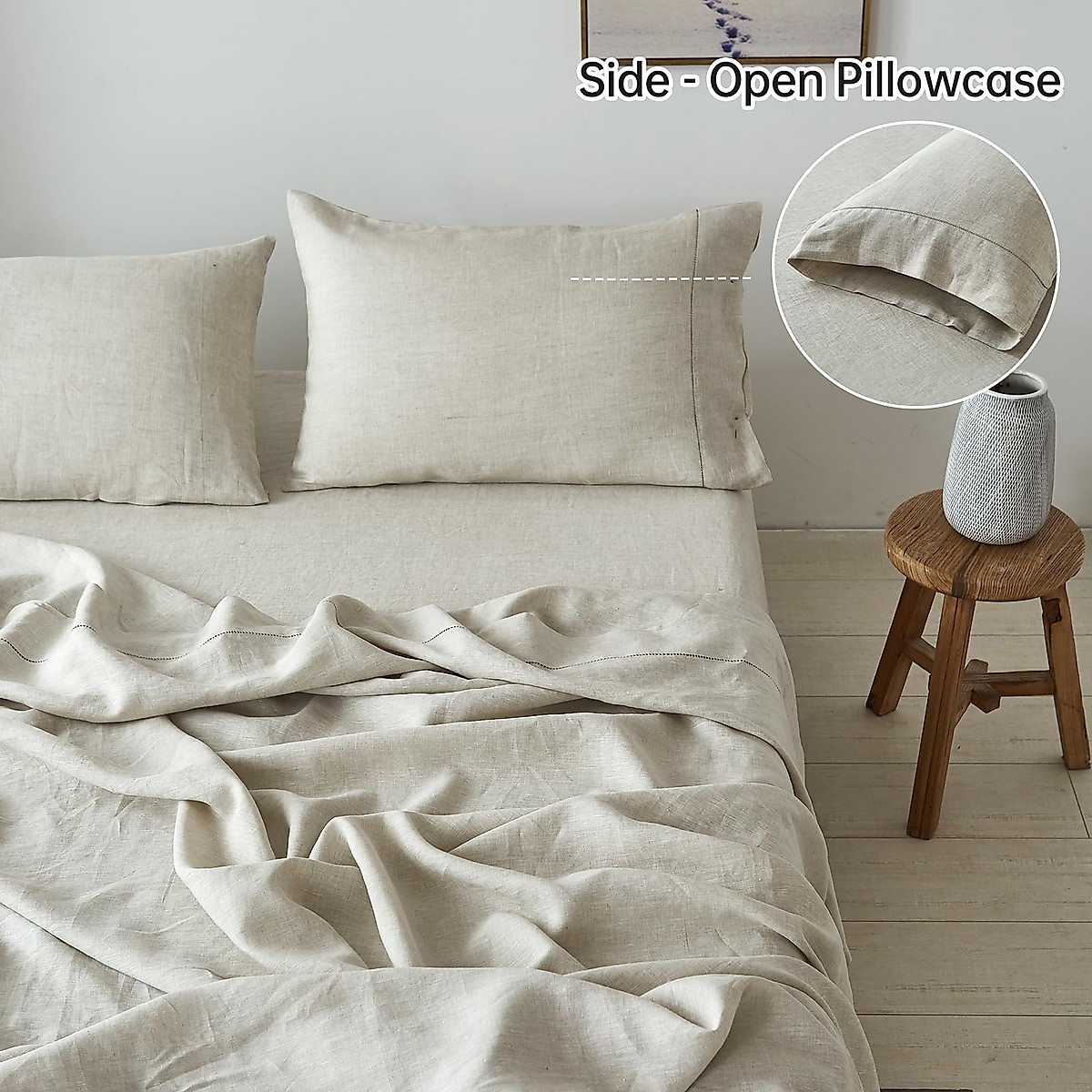 Simple&Opulence 100% Belgian Linen Sheet Set Handmade Hemstitch Linen Full Size Bed Sheet-4 Piece (1 Flat Sheet+1 Fitted Sheet+2 Pillowcases)-Natural Flax Farmhouse Bedding