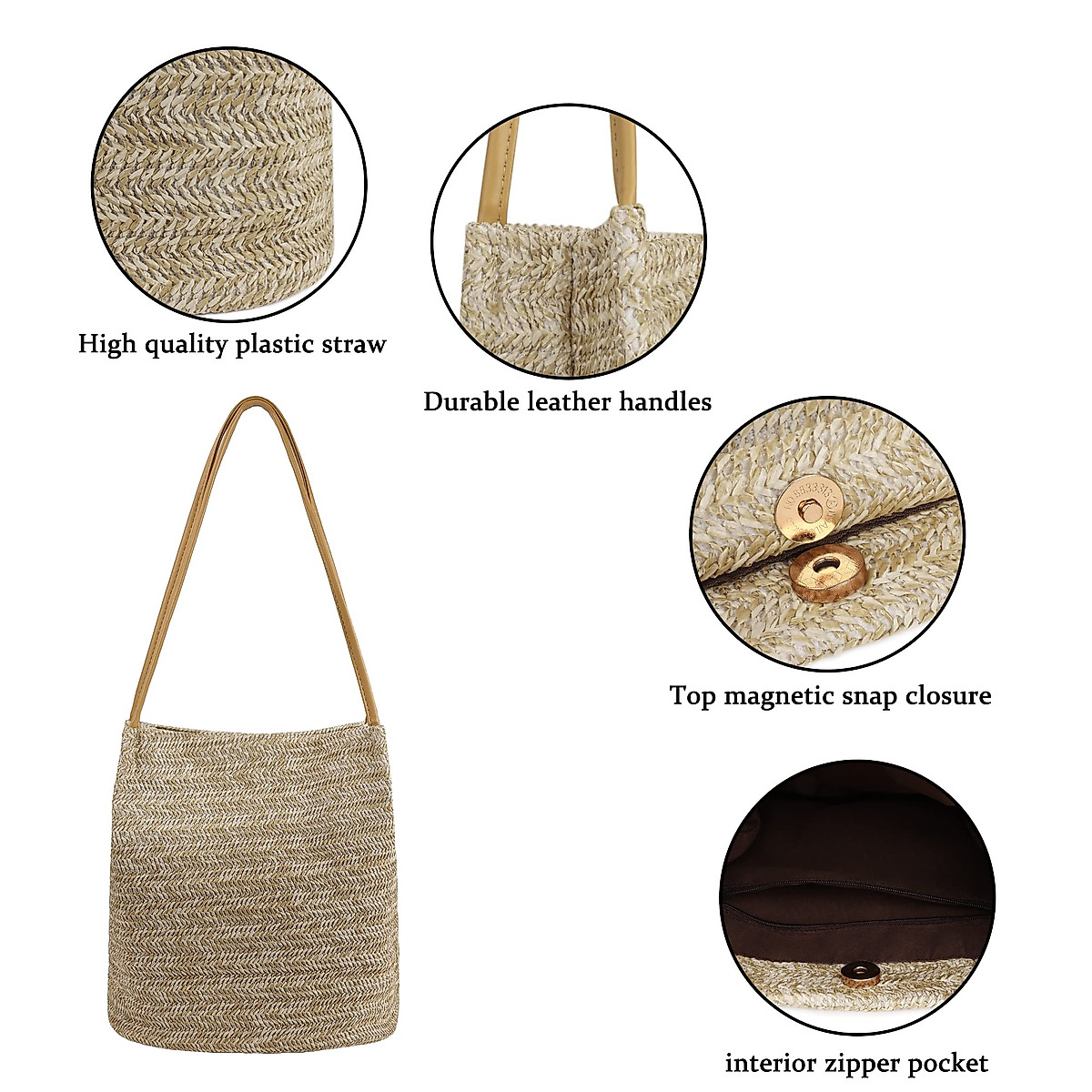 Women Straw Shoulder Bag Bucket Bag Beach Hobo Handbag Top Handle Satchel Purse for Summer, Dark Beige