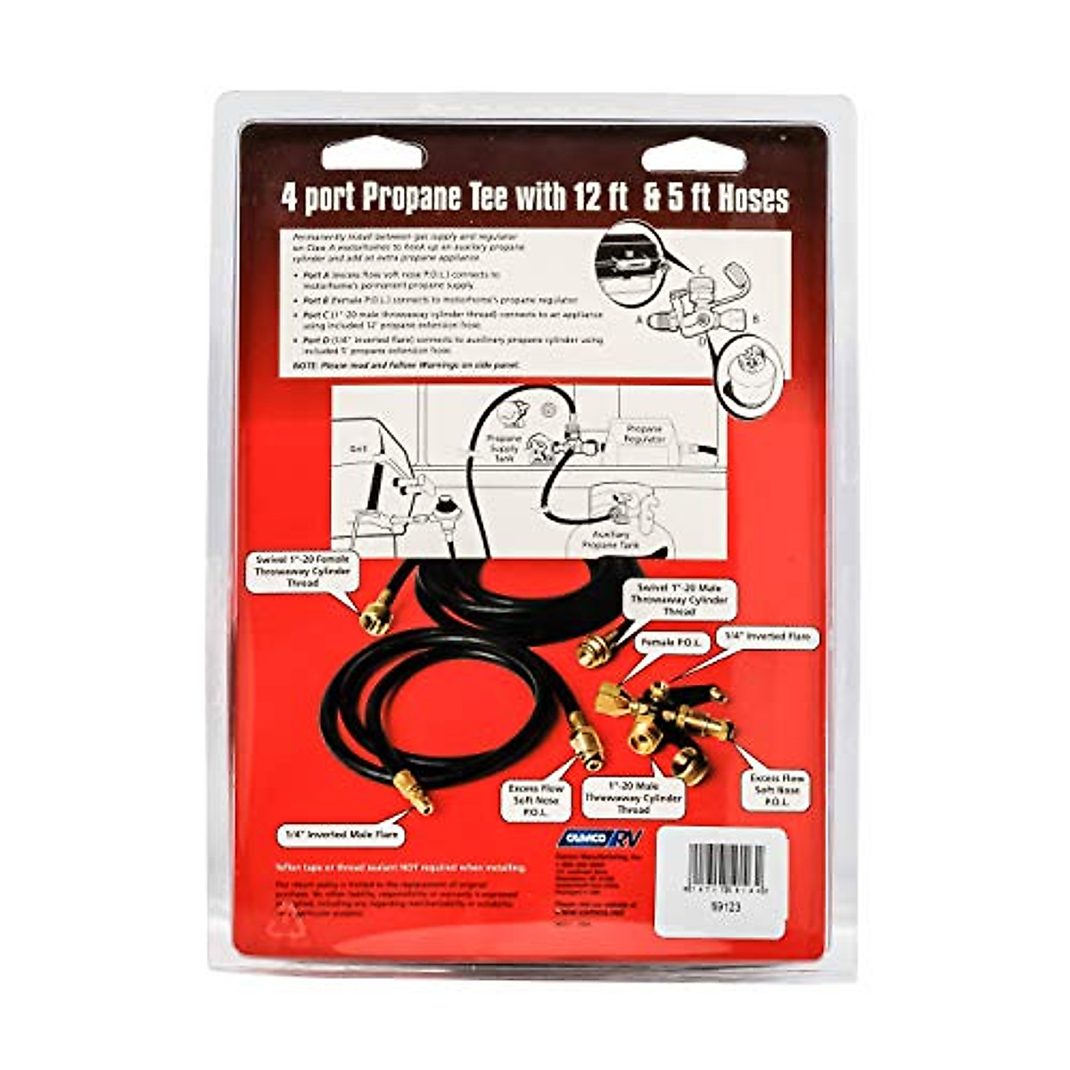 Camco Propane Brass 4 Port Tee- Comes with 5ft and 12ft Hoses, Allows for Connection Between Auxiliary Propane Cylinder and Propane Appliances (59123) , Black