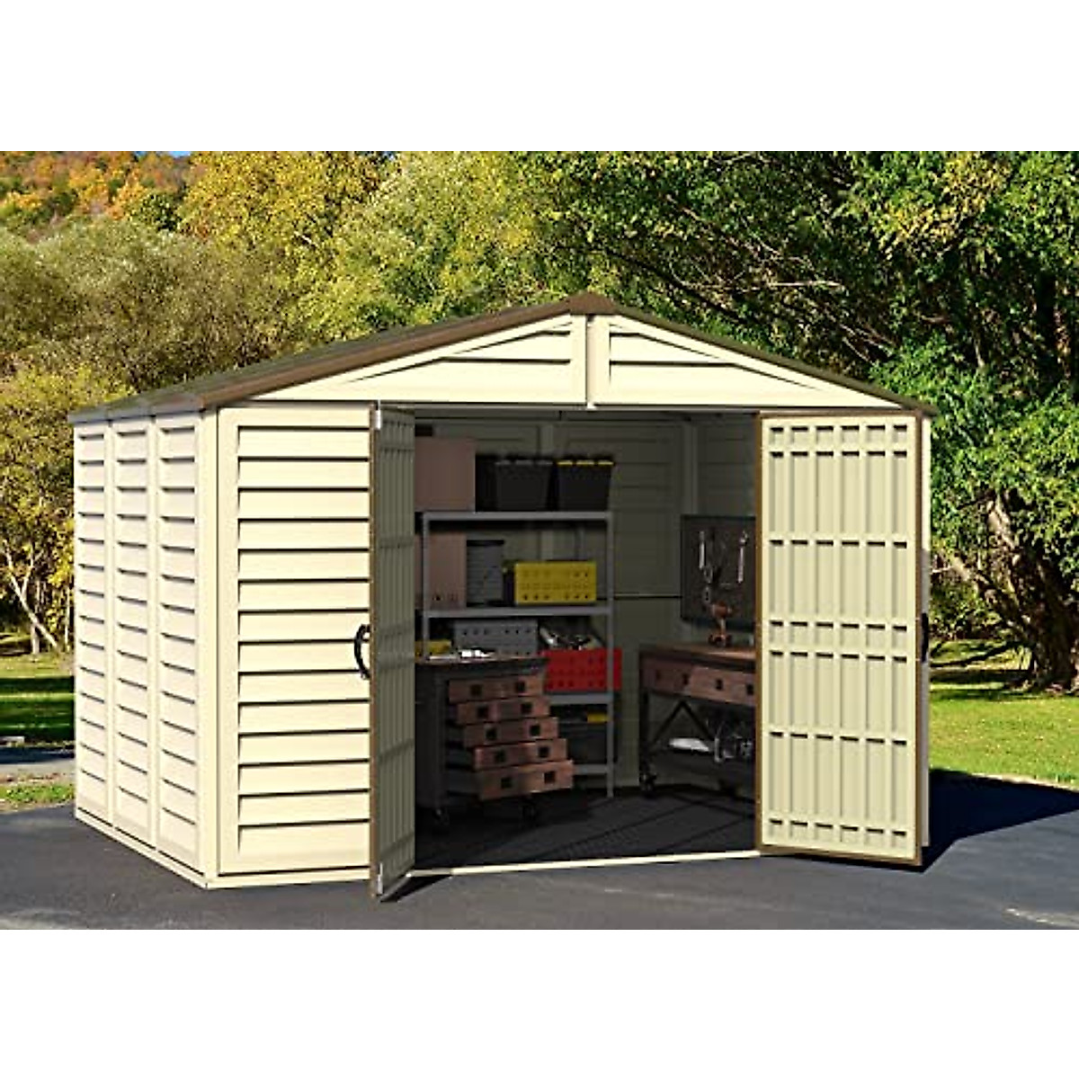 Duramax 0638801402145 Woodbridge Plus 10.5 x 8 Plastic Garden Shed with Foundation Kit & Fixed Window Brown-15 Years Warranty, 10x8, Brown & Ivory
