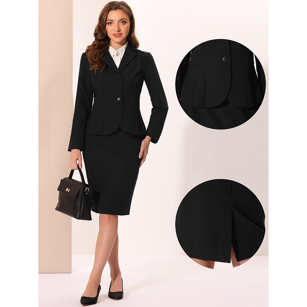 Allegra K Skirt Suit Sets for Women's 2 Piece Formal Office Notched Lapel Peplum Jacket Blazer Pencil Skirts Set Large Black
