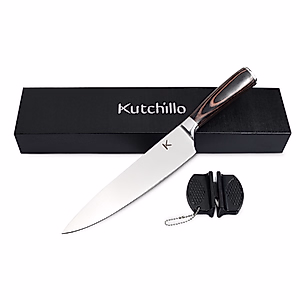 Kutchillo 8" High Carbon Stainless Steel Kitchen Chef Knife with Sharpener, Light-Weight and Well-Balanced, 2.5 mm blade thickness, Ergonomics