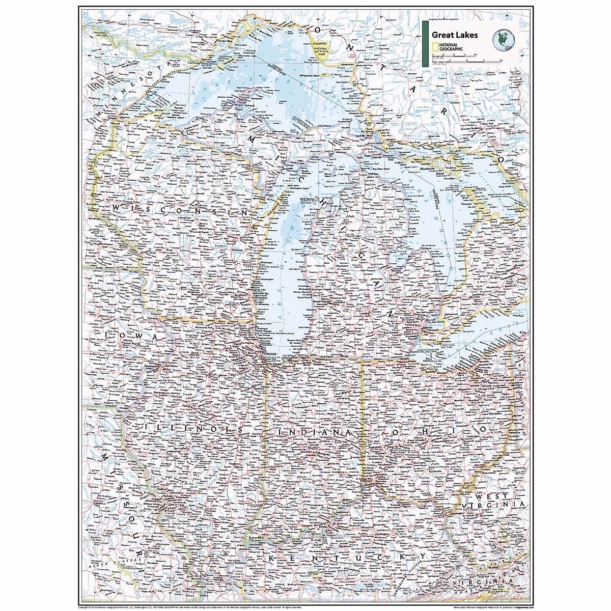 National Geographic Maps: Great Lakes U.S.A Wall Map - Compact - 21 x 16 inches - Art Quality Print on Polypropylene