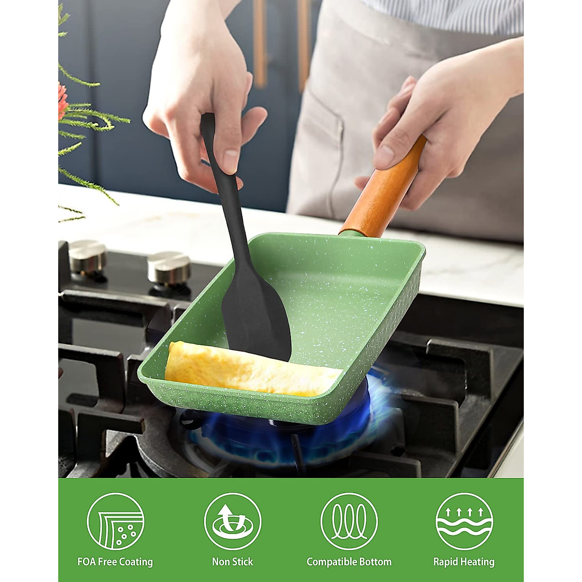 BUNDLEPRO Japanese Omelette Pan, Non Stick Tamagoyaki Eggs Frying Pan, Square Granite Cookware set, Small Induction Skillet with Silicone Spatulas for Breakfast(7.1inch)