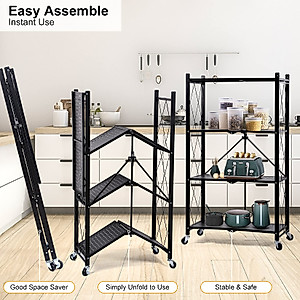 YSSOA HealSmart 4-Tier Heavy Duty Foldable Metal Rack Storage Shelving Unit with Wheels Moving Easily Organizer Shelves Great for Garage Kitchen, Black