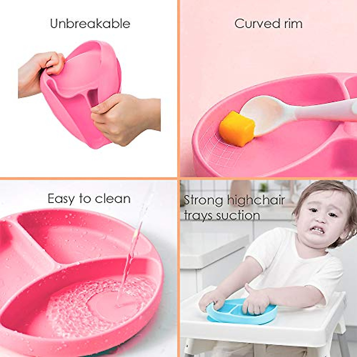 Silicone Suction Plates for Babies, Stick to High Chair Trays and Table, Divided Baby Dishes, Perfect Kids Plates, BPA Free