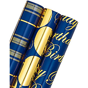 WRAPAHOLIC Birthday Wrapping Paper Roll - Mini Roll - 3 Rolls - 17 inch X 120 inch Per roll - Blue and Gold Foil Design for Party, Holiday, Baby Shower