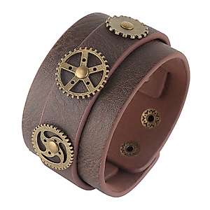 HZMAN Steampunk Alloy Gear Leather Wristbands for Men Women Bracelets Cuff Bangle Jewelry Brown Adjustable