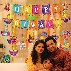 Rakuto Happy Diwali Party Decorations - 12PCS Happy Diwali Banner Hanging Swirls Deepavali Party Hanging Decor for Indian Deepavali Diwali Festival of Lights Rangoli Diya Theme Party Supplies