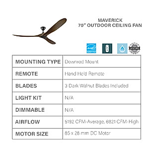 Monte Carlo 3MAVR70BK Maverick Max Energy Star 70'' Outdoor Ceiling Fan with Remote Control, 3 Balsa Wood Blades, Matte Black