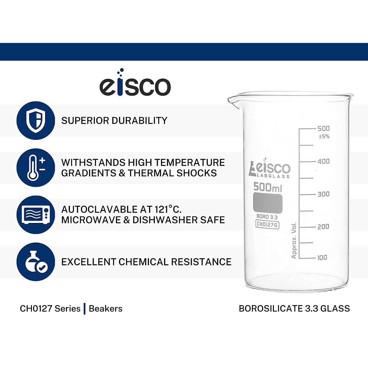 Beaker, 1000mL - Tall Form with Spout - White, 100mL Graduations - Borosilicate 3.3 Glass - Eisco Labs