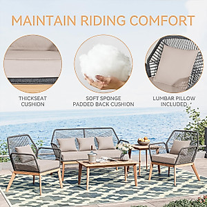 ASJMR 5-Piece Patio Furniture Set, Solid Wood Woven Rope Set Balcony Modern Outdoor Living Room All-Weather Set, Suitable for Backyard, Swimming Pool, Deck, Garden